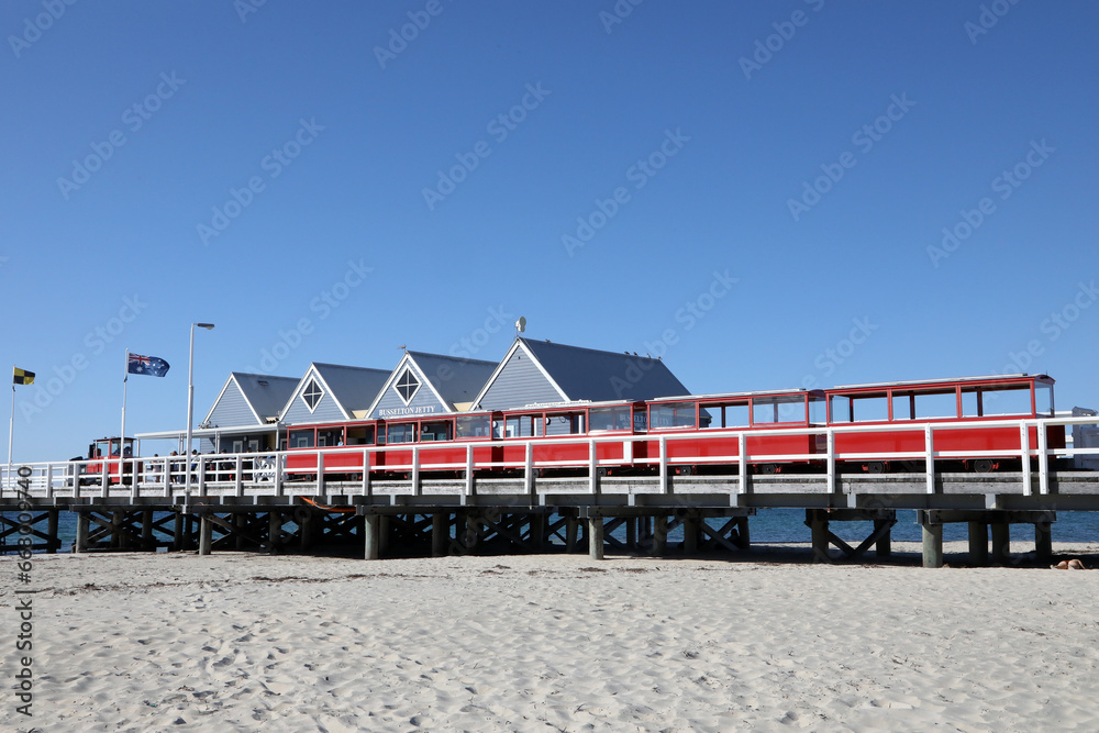 Historical pier in Busselton, Western Australia. Showing pier, train ...