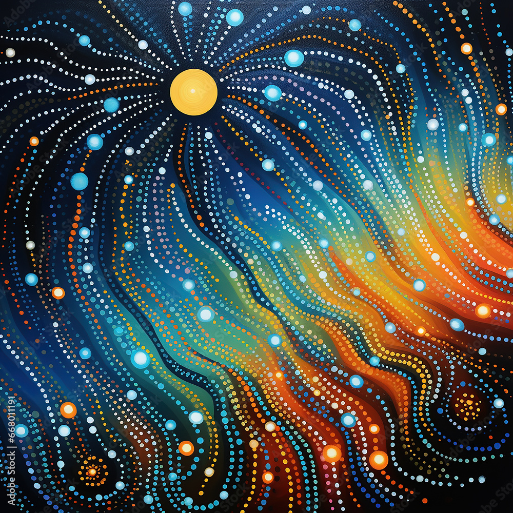 Australian Aboriginal dot painting style art of the universe with stars ...