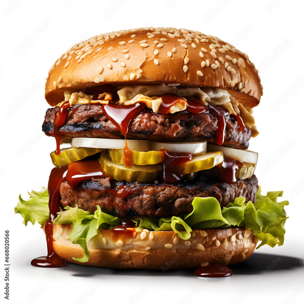 Mouthwatering beef burger with fresh lettuce, tomato, cheese, and sauce ...