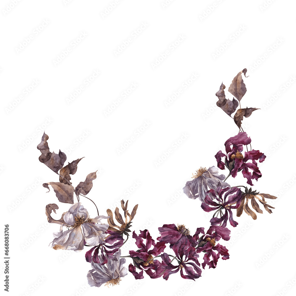 Frame with watercolor withering flowers and leaves, dried floral ...