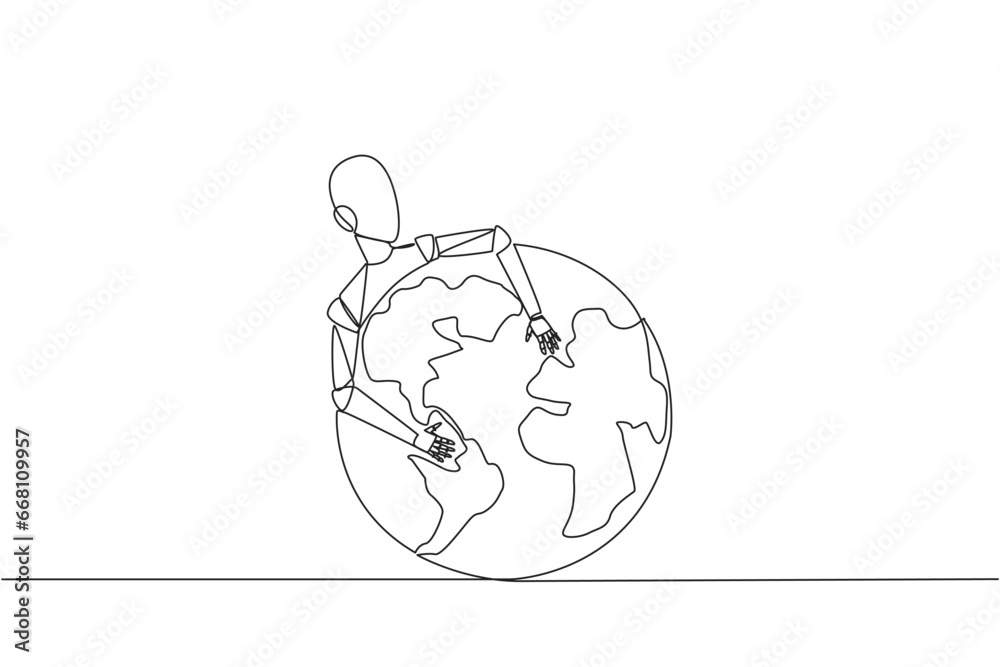 Continuous one line drawing robot hugging globe. Robots rule the world ...