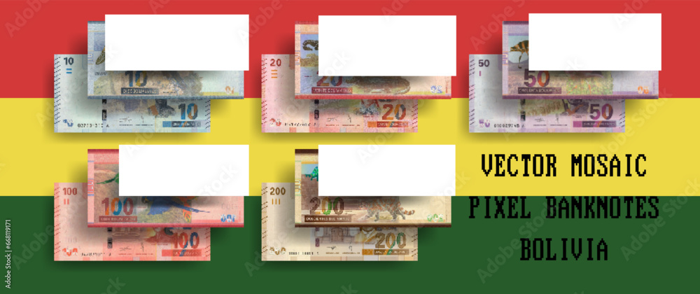 Vector set of pixel mosaic banknotes of Bolivia. Collection of bills in ...