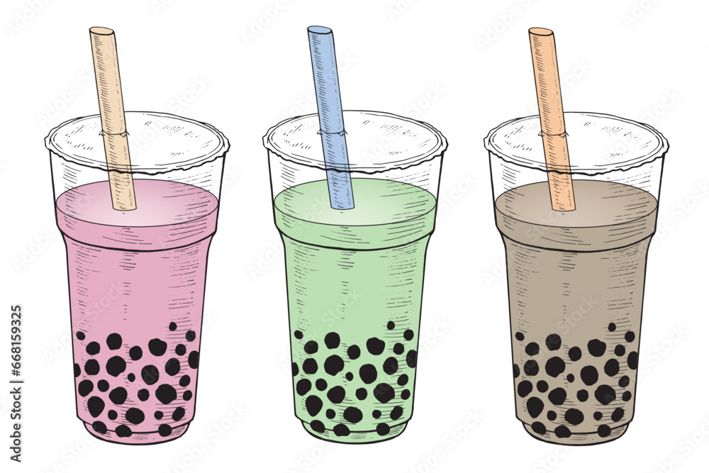 Bubble milk Tea Set. Vector illustration of drink with boba pearls ...
