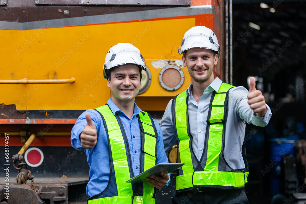 Group of various nationalities thumbs up railway technician engineer ...