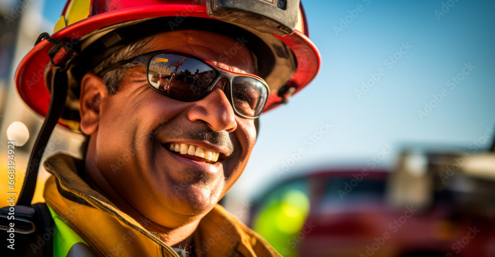 Firefighter portrait on duty. Photo of happy Old Latin fireman with gas ...