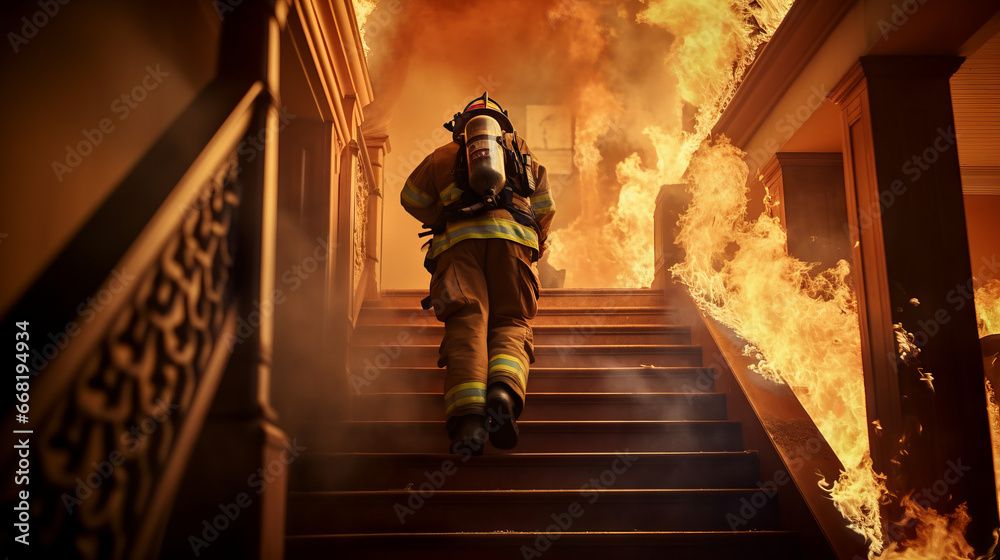 Strong and brave Firefighter Going Up The Stairs in Burning Building ...