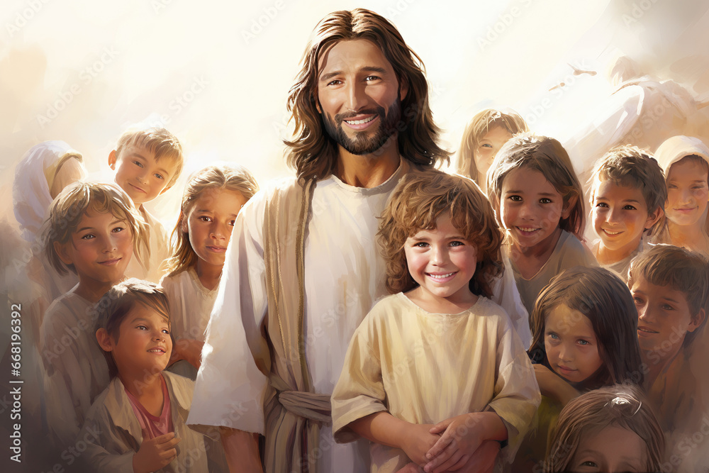Jesus Christ and smiling children Stock Illustration | Adobe Stock