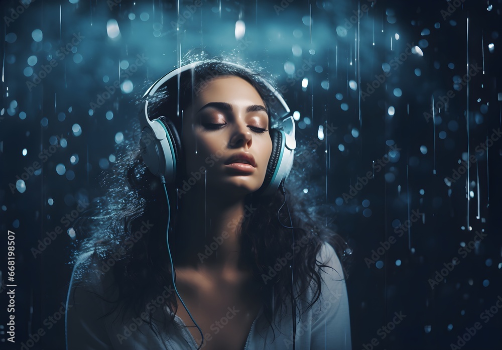 Eine junge Frau mit Kopfhörern auf den Ohren hört Musik im Regen ...