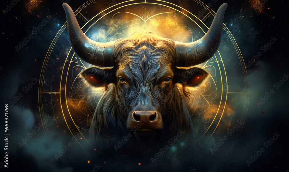 Astrological Sign of Taurus, mask of the zodiac, bull with a blue light ...