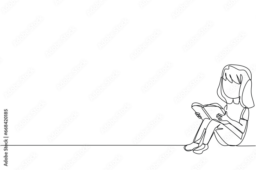 Continuous one line drawing smart girl sitting while reading book. Read ...