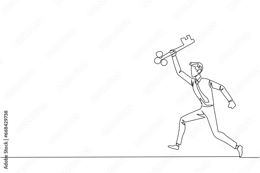 Continuous one line drawing businessman running holding key. Doing ...