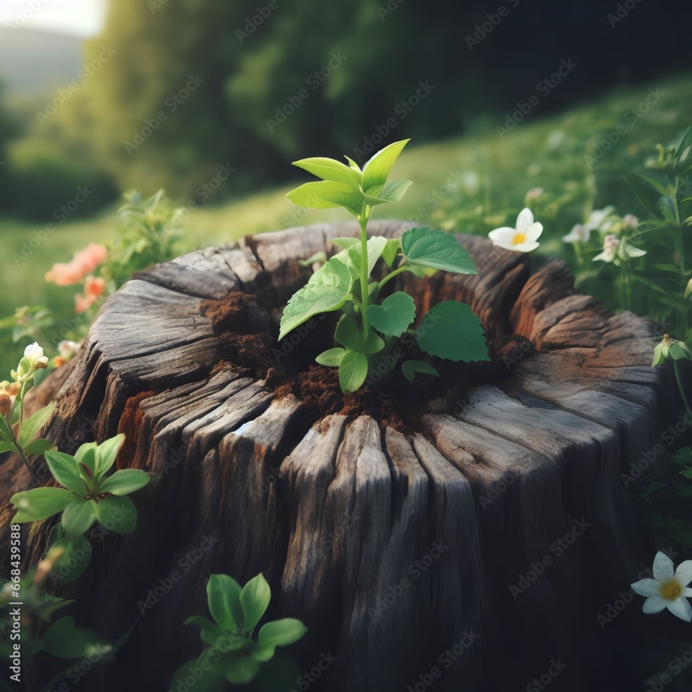 Green sprout growing from old stump in the forest. Ecology concept ...