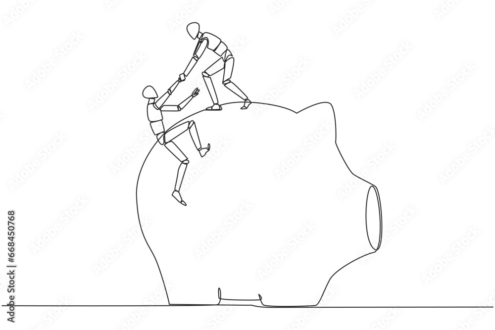 Continuous one line drawing robot helps colleague climb the big piggy ...