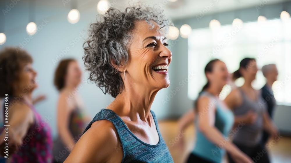 realistic photo of middle-aged women dancing in a modern dance studio ...