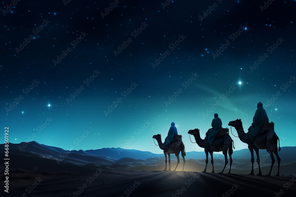 Silhouette of Three wise men riding a camel along the star path. To ...