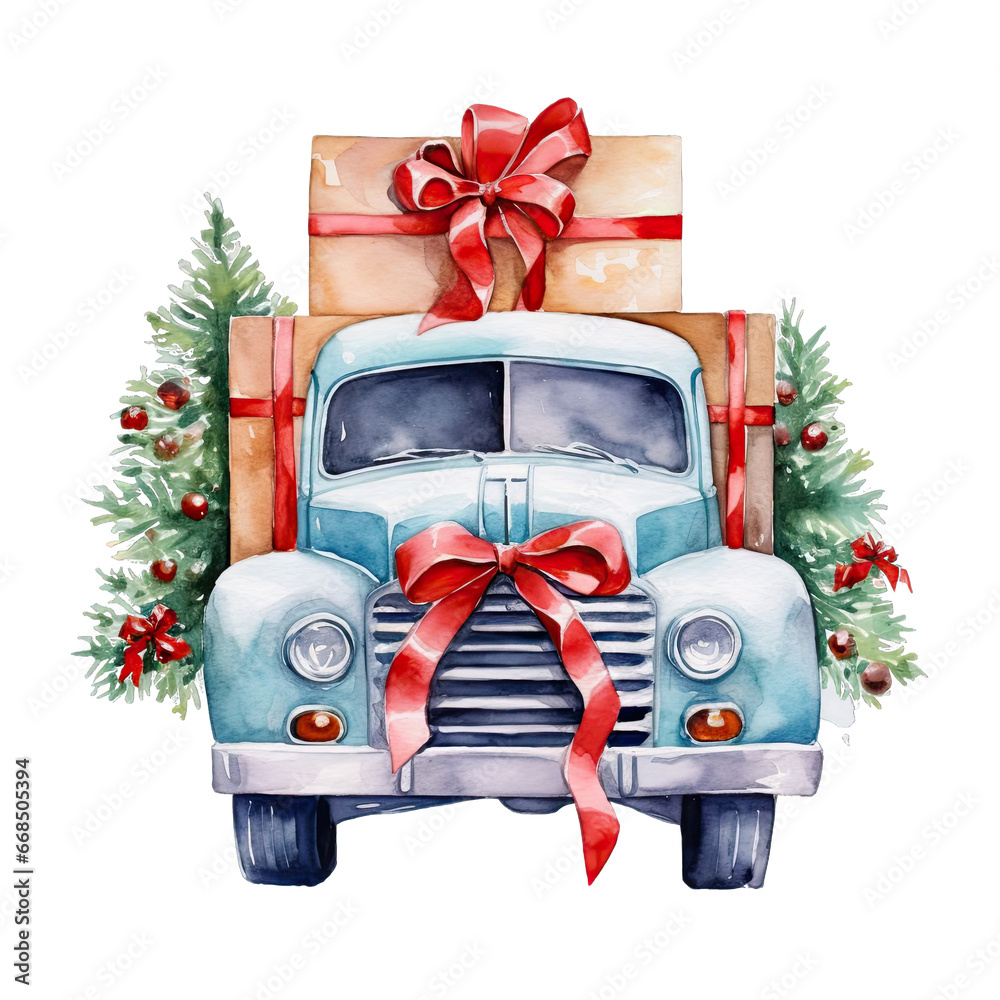 Christmas truck watercolor clipart on transparent background ...