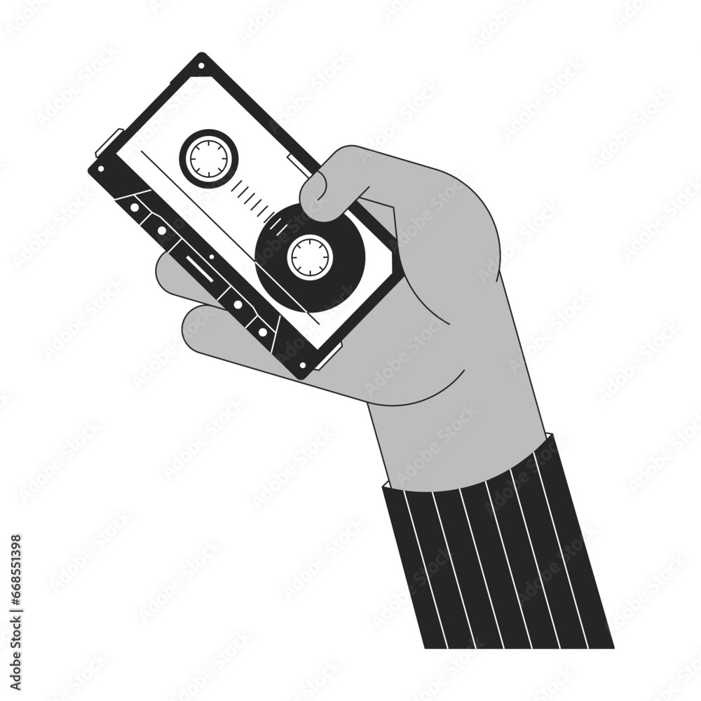 Retro 80s cassette holding cartoon human hand outline illustration ...