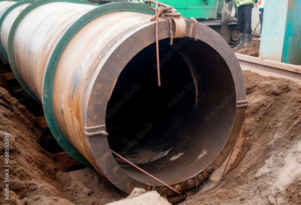 Pipes installing concrete tunnel road. Works plumbing waster engineer ...