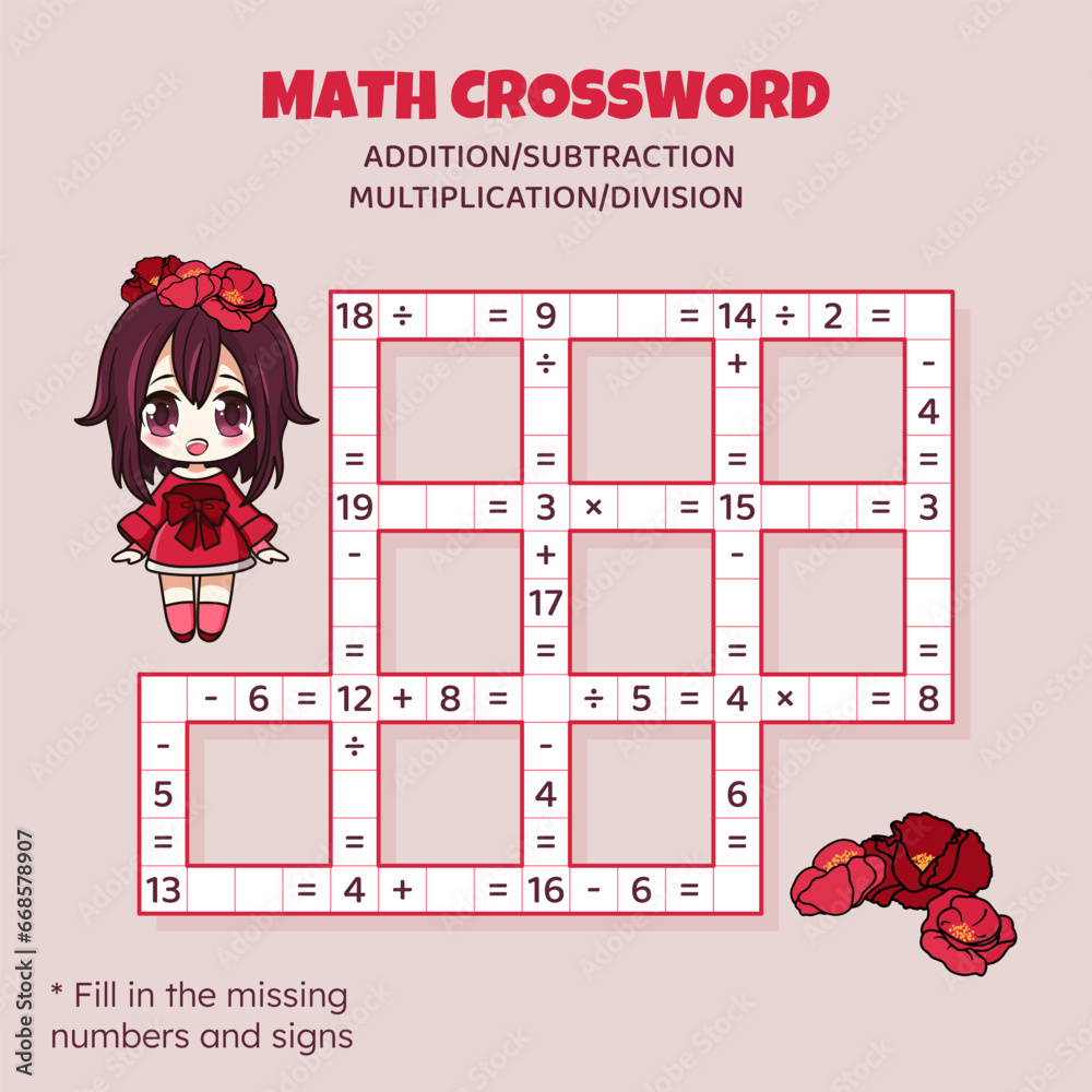 Math Crossword puzzle for kids. Addition, subtraction, multiplication ...