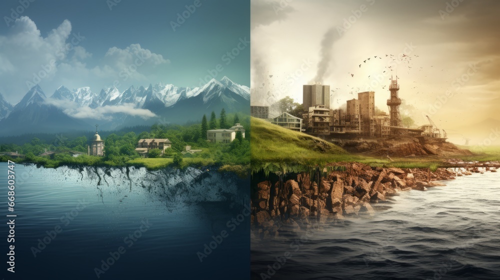 Bad vs good environment. Good and poor ecology comparison. Humanity against nature. Pollution ...