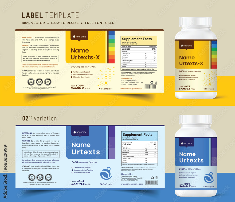 Vitamin label sticker design, natural multi food supplement banner ...