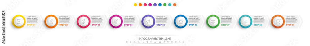Business vector infographics with 9 circles and arrows. Timeline ...