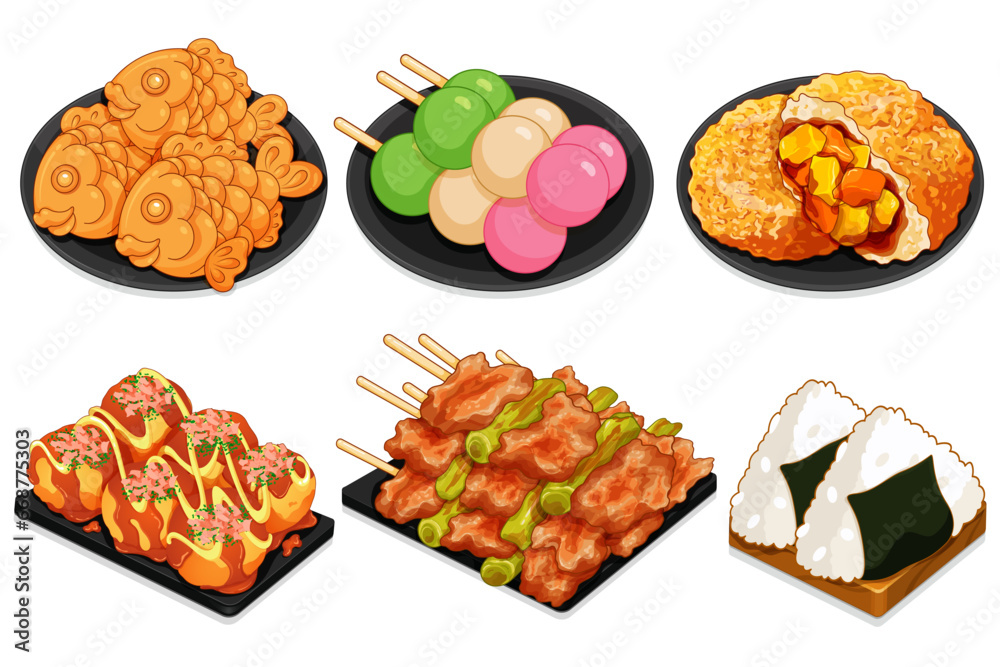 Japanese street food set menu illustration vector. (Taiyaki, Dango ...