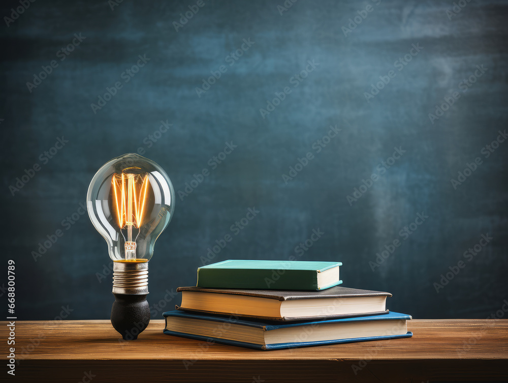 Books, a glowing bulb, and a blurred chalkboard. This image captures ...