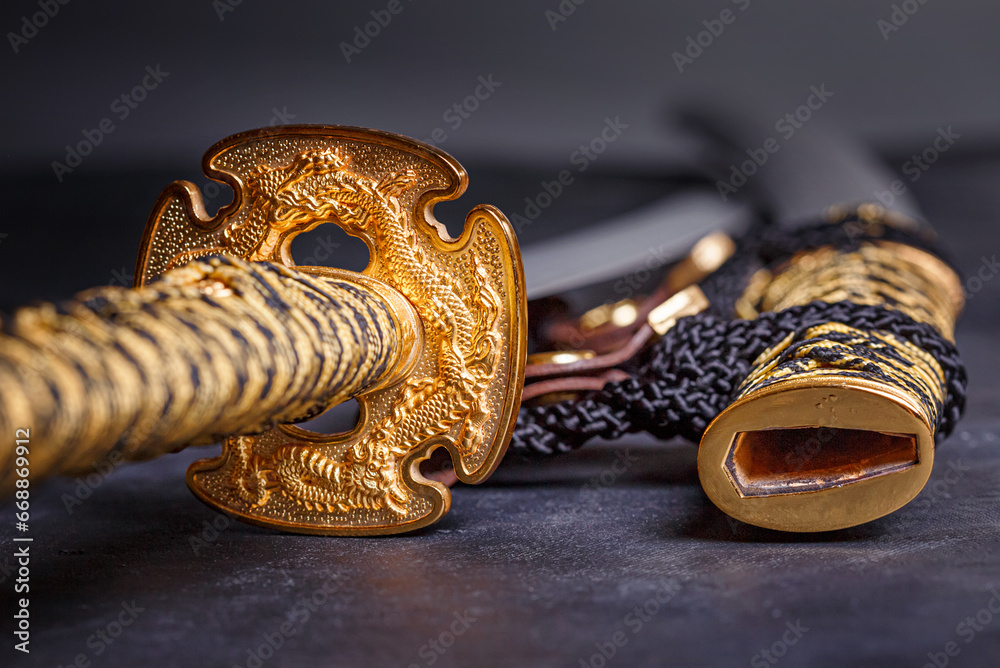 Japanese samurai katana sword and scabbard close up. Photo of a weapon ...