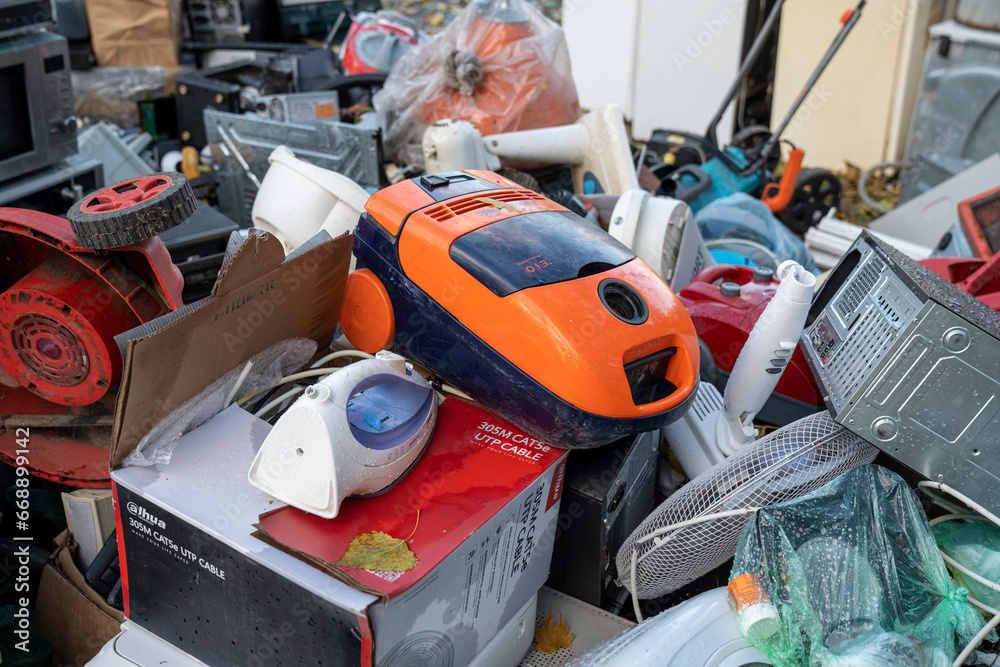 Electronic waste Awaiting recycling. A pile of garbage in nature. used ...