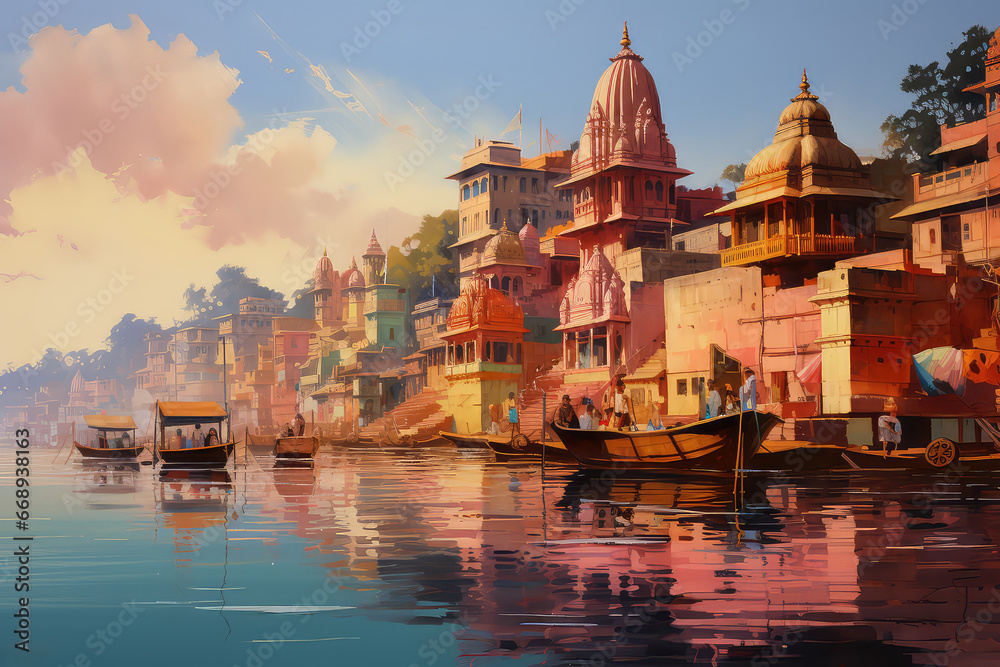 oil painting on canvas, Ancient Varanasi city architecture at sunset ...