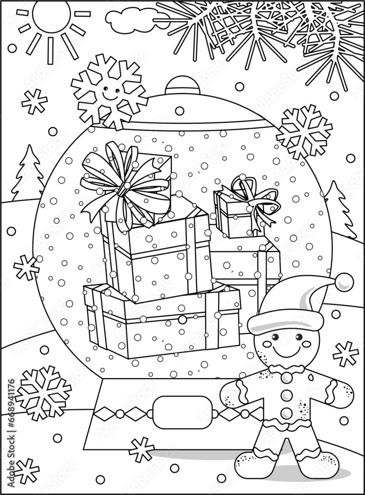 Snowglobe with gifts, presents and gingerbread man coloring page ...