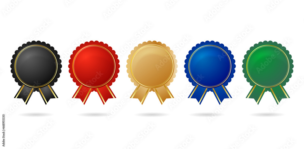 five set of award ribbons on a colorful design isolated white ...