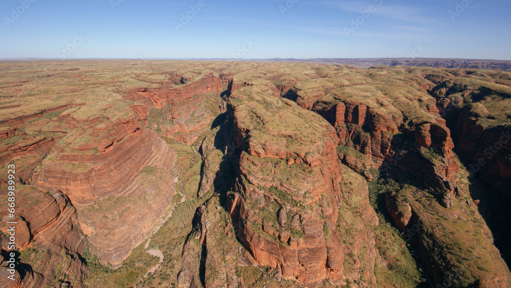 Aerial view of the rugged rock formations and gorges of the Bungle ...