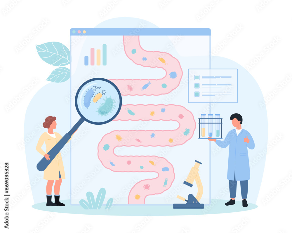 Healthy gut microbiome vector illustration. Cartoon tiny people with ...