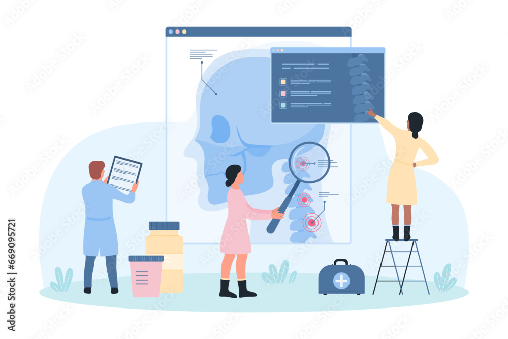 Orthopedic patients consultation due to neck pain vector illustration ...