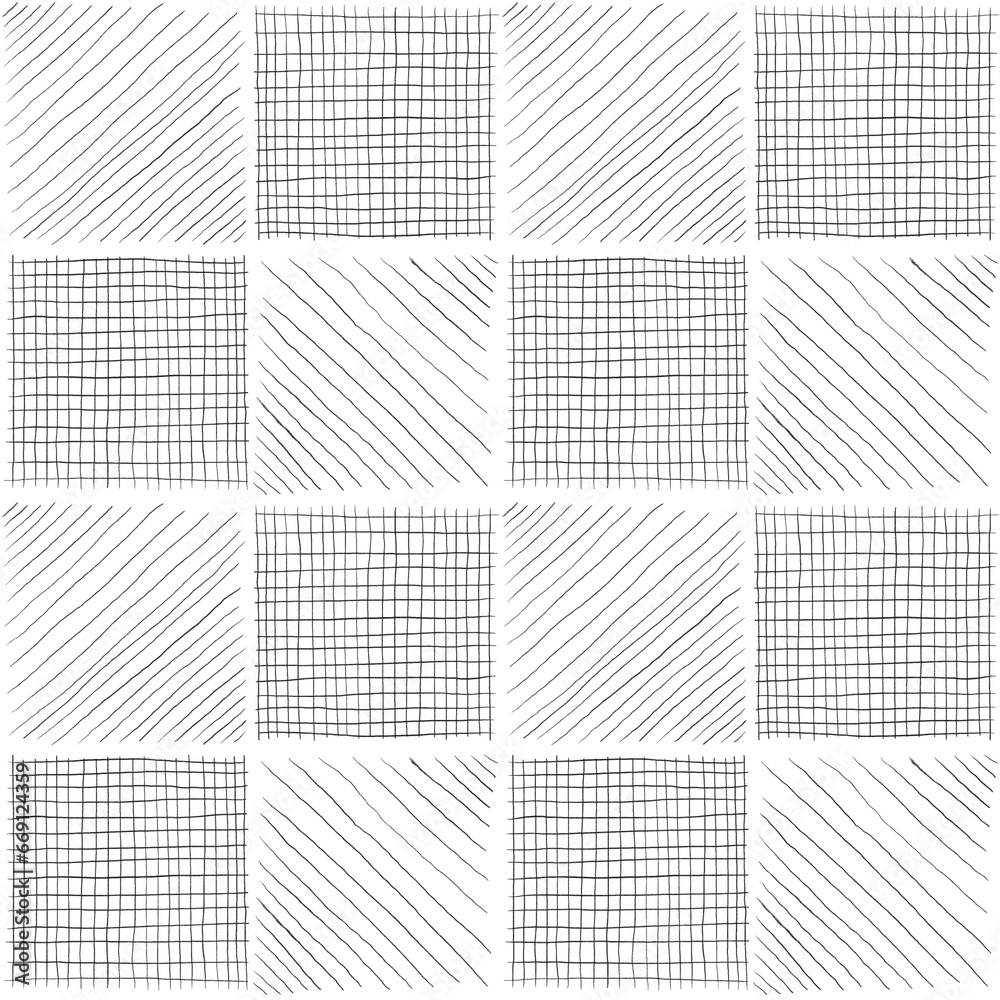 Hand draw straight diagonal line and grid seamless pattern, pencil ...