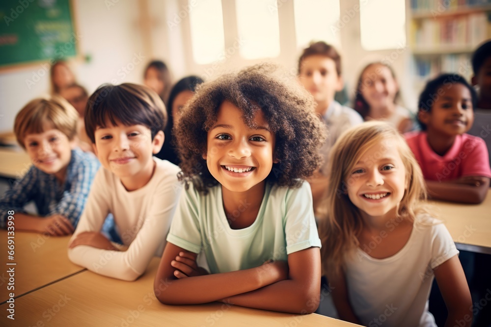 Happy diverse schoolchildren looking at camera. Smiling multiethnic ...