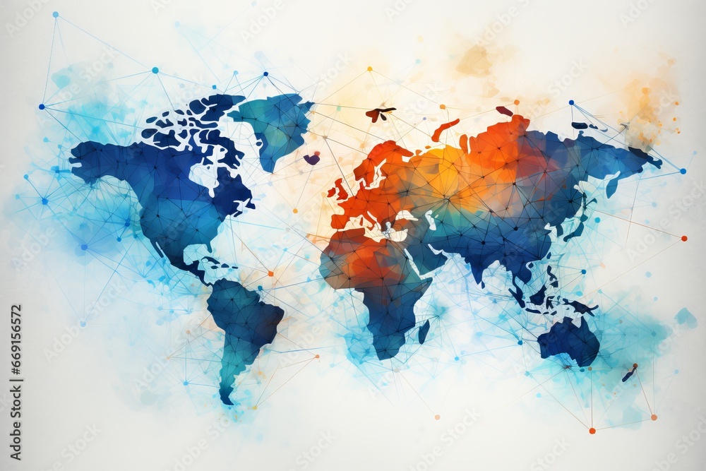 An abstract representation of a world map intertwined with trade routes ...