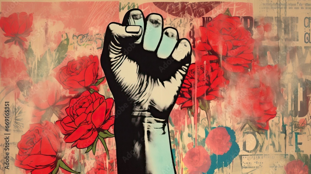 Upraised fist as a symbol of resistance. Protest and struggle, collage ...