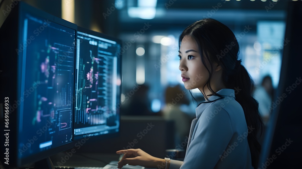 Women in tech, a female software engineer immersed in her work, surrounded by screens of code ...