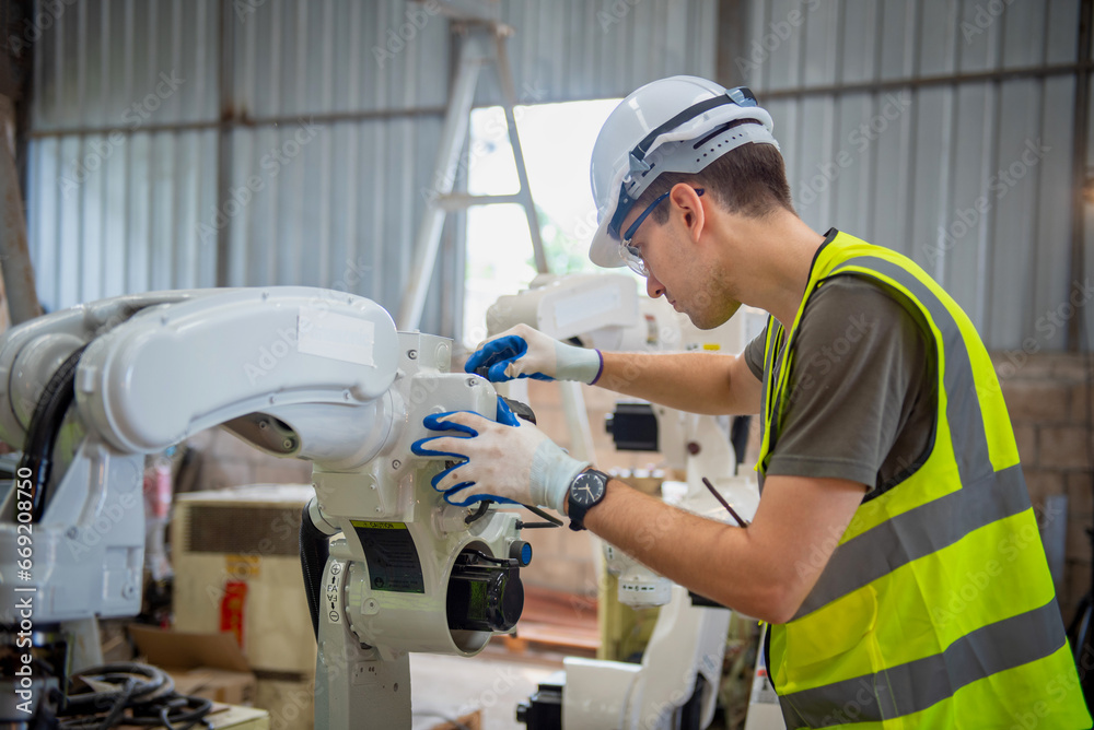 Engineers team mechanic using computer controller Robotic arm for ...