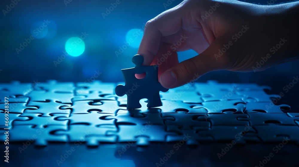 Completing blue jigsaw puzzles with the last piece on light leaked hole ...