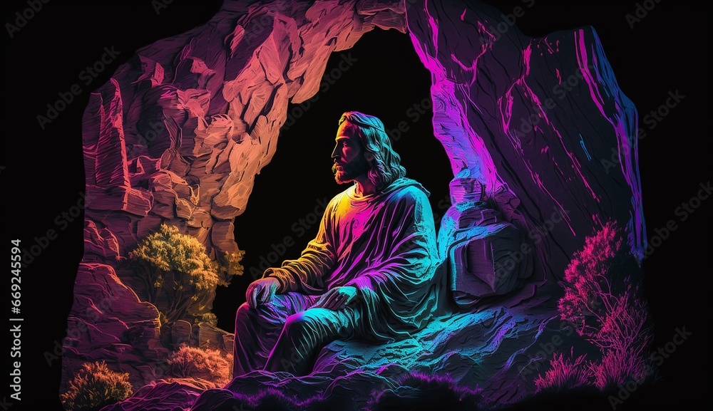 Lord Jesus rock neon lights sleeping cave resurrection illustration ...