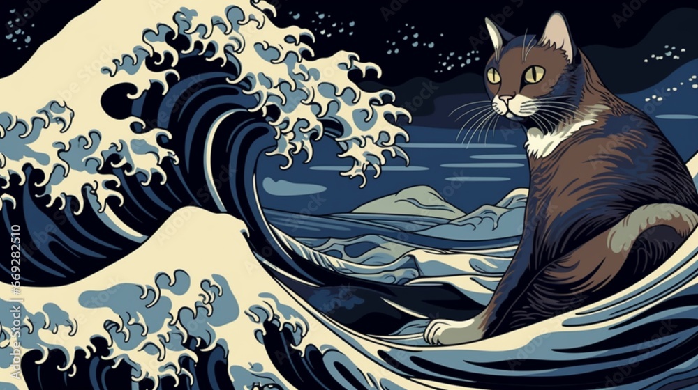 Cat portrait great wave kanagawa stock wallpaper image AI generated art ...