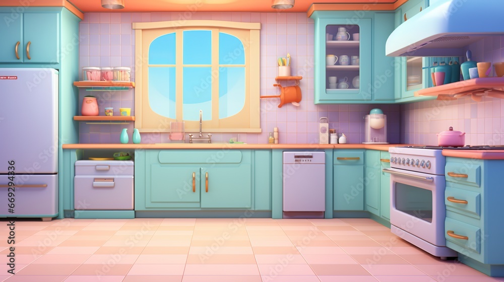 the interior of a kitchen in 3D cartoon empty background Stock ...