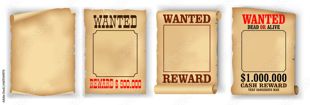 set of realistic wanted poster isolated or vintage scroll parchment ...