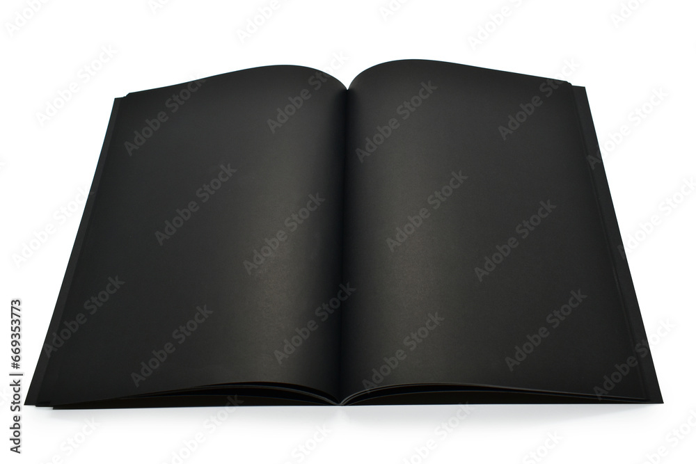 blank open black notebook isolated on white background, craft paper ...