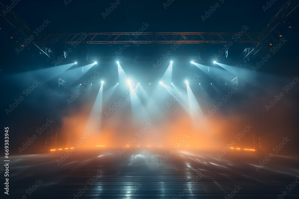 Concert stage with spotlights Beautiful and magnificent, with fog ...