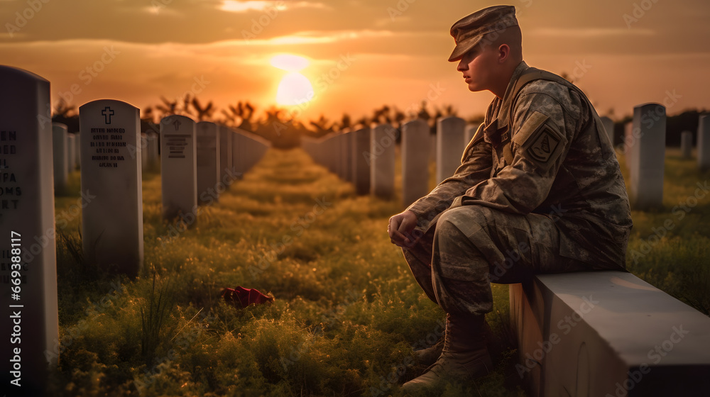 Military man kneeling of grave fallen soldier, sunset. Concept veteran ...